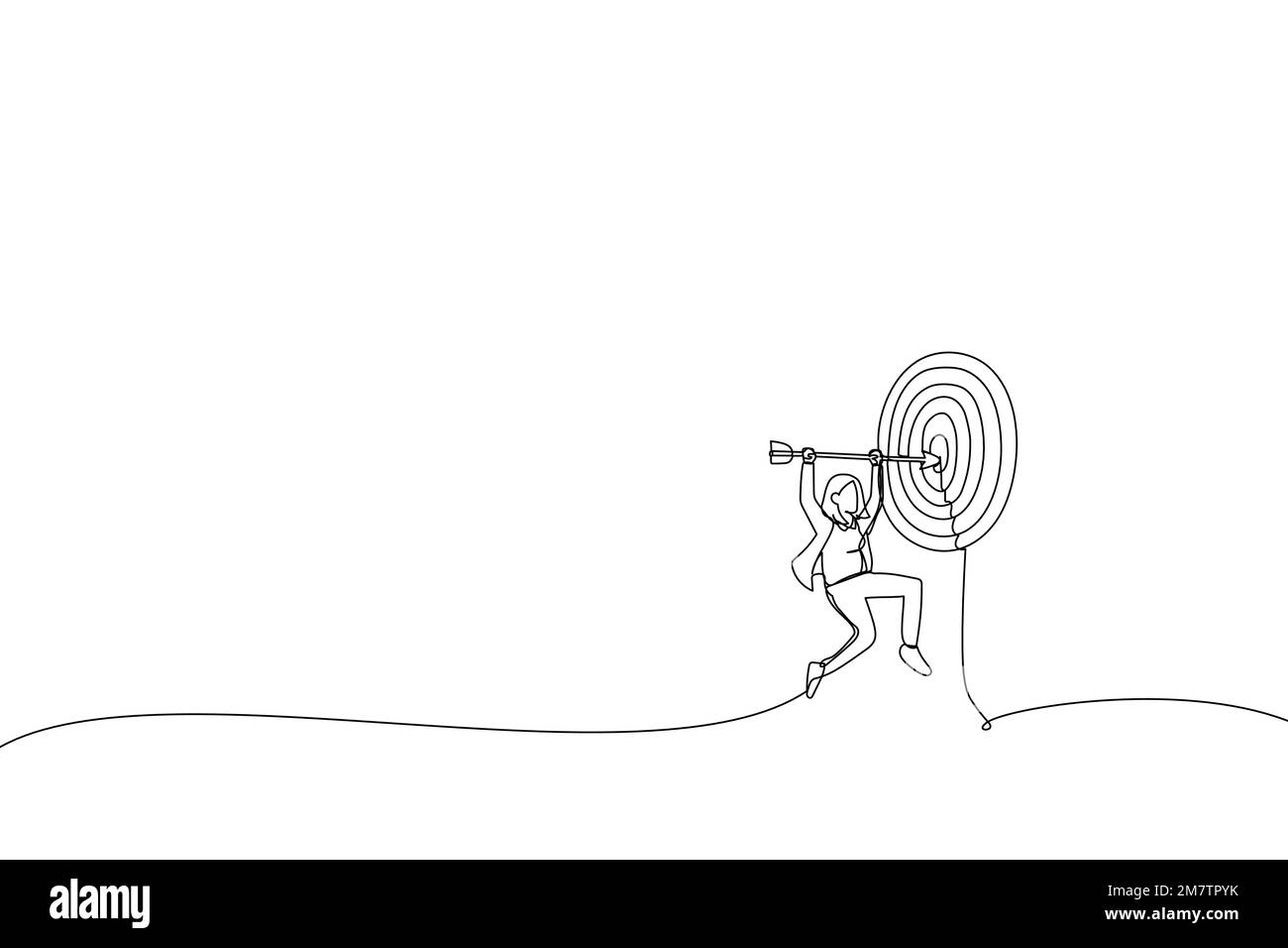 Drawing of businesswoman holds arrow that hit target or bullseye ...