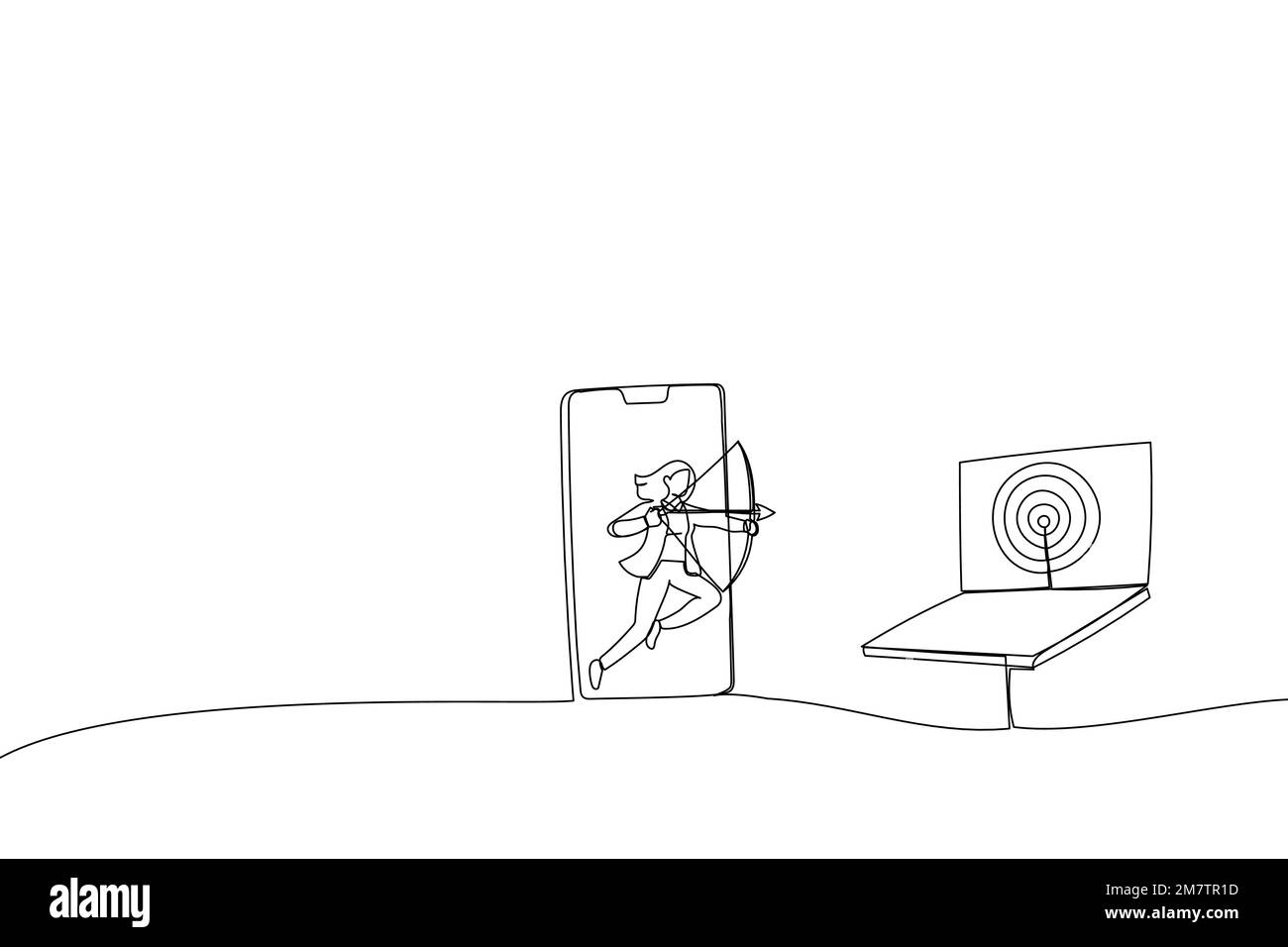 Cartoon of businesswoman from mobile app aiming target and other ...