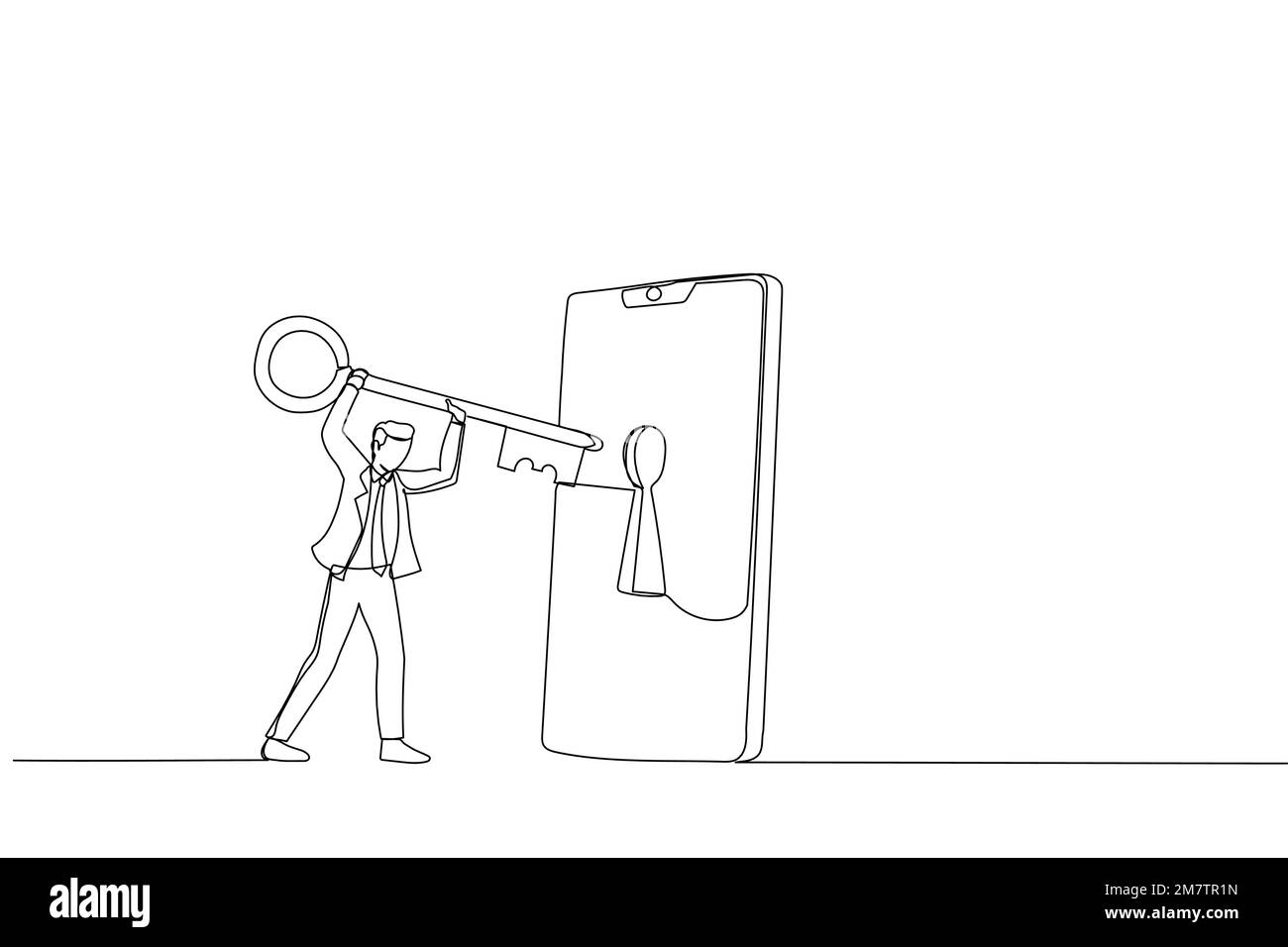 Illustration of businessman hold key to open phone. Metaphor for cyber ...