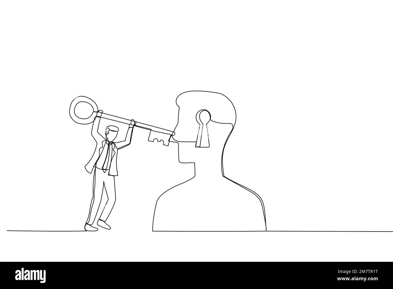 Cartoon of businessman hold key try to open person's mind. Metaphor for ...