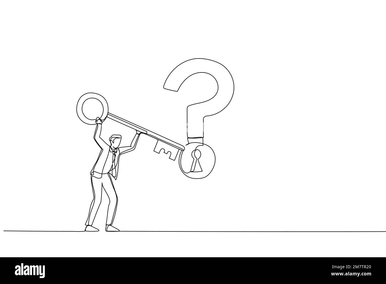 Cartoon of smart businessman holding big key to unlock keyhole on ...