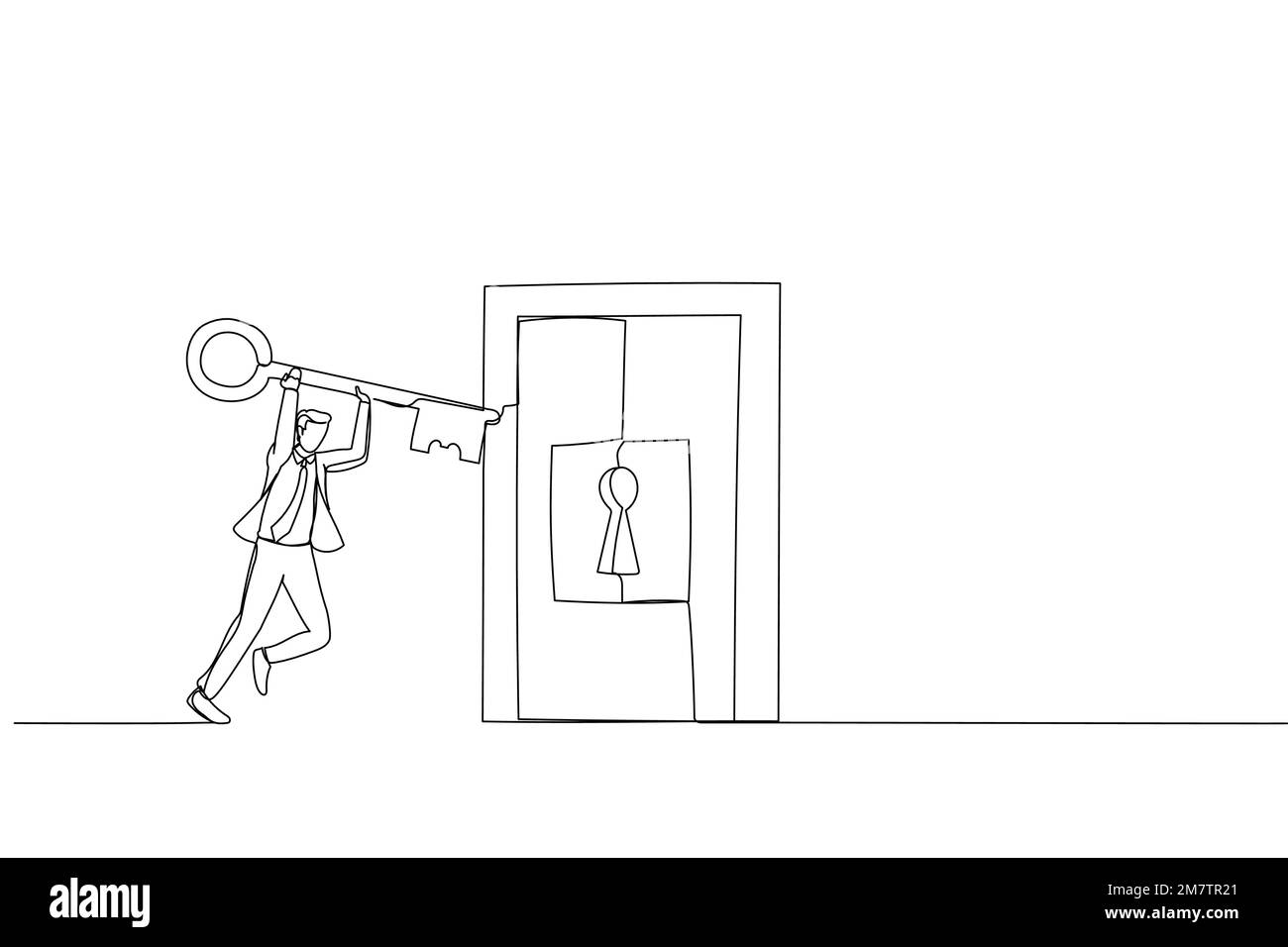 Drawing of businessman and his business team holding big key together ...