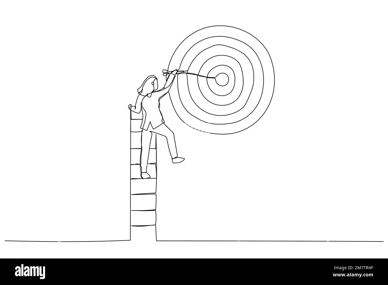 Cartoon of businesswoman climb up ladder high into the sky to aiming ...