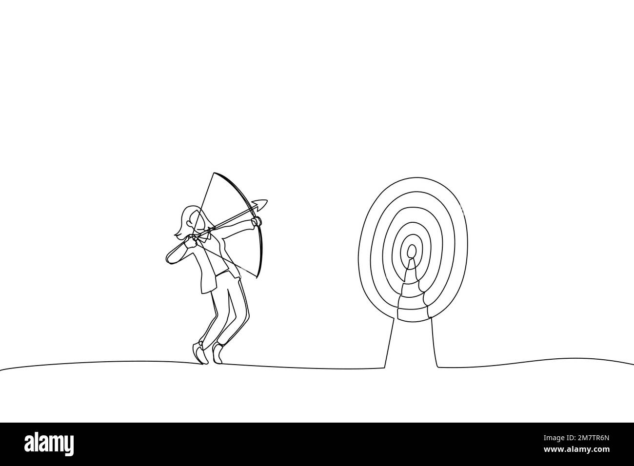 Drawing of blindfolded businesswoman shooting arrow and missed the ...