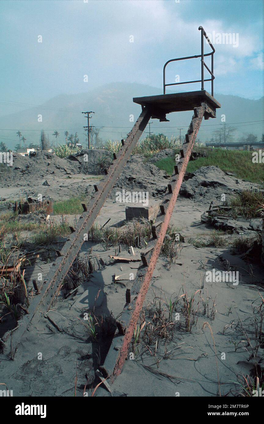 Stairway leading nowhere damaged by volcanic ash from 1994 eruption ...