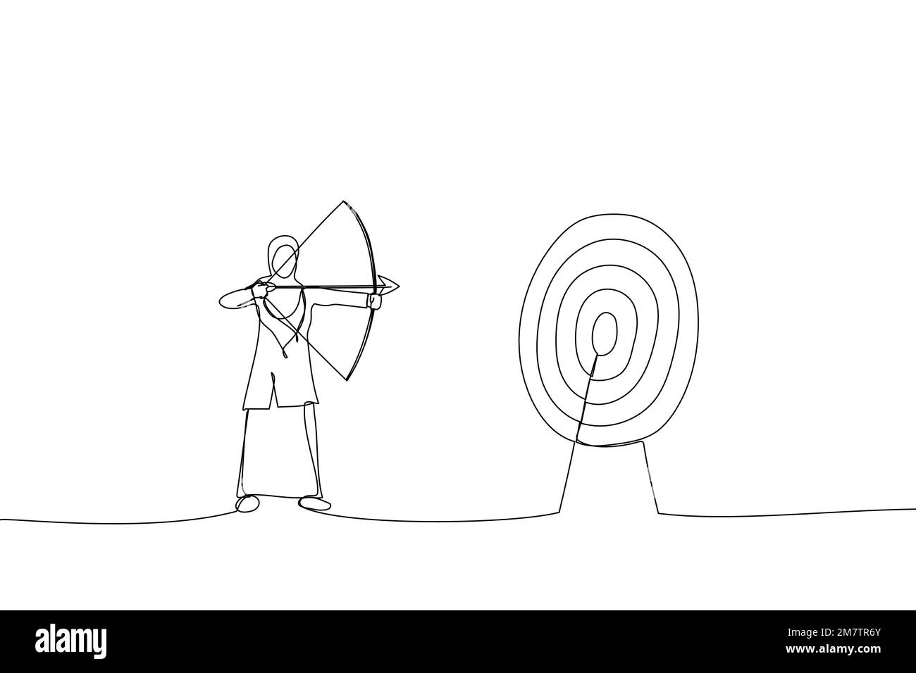 Drawing of successful muslim businesswoman aiming target with bow and ...