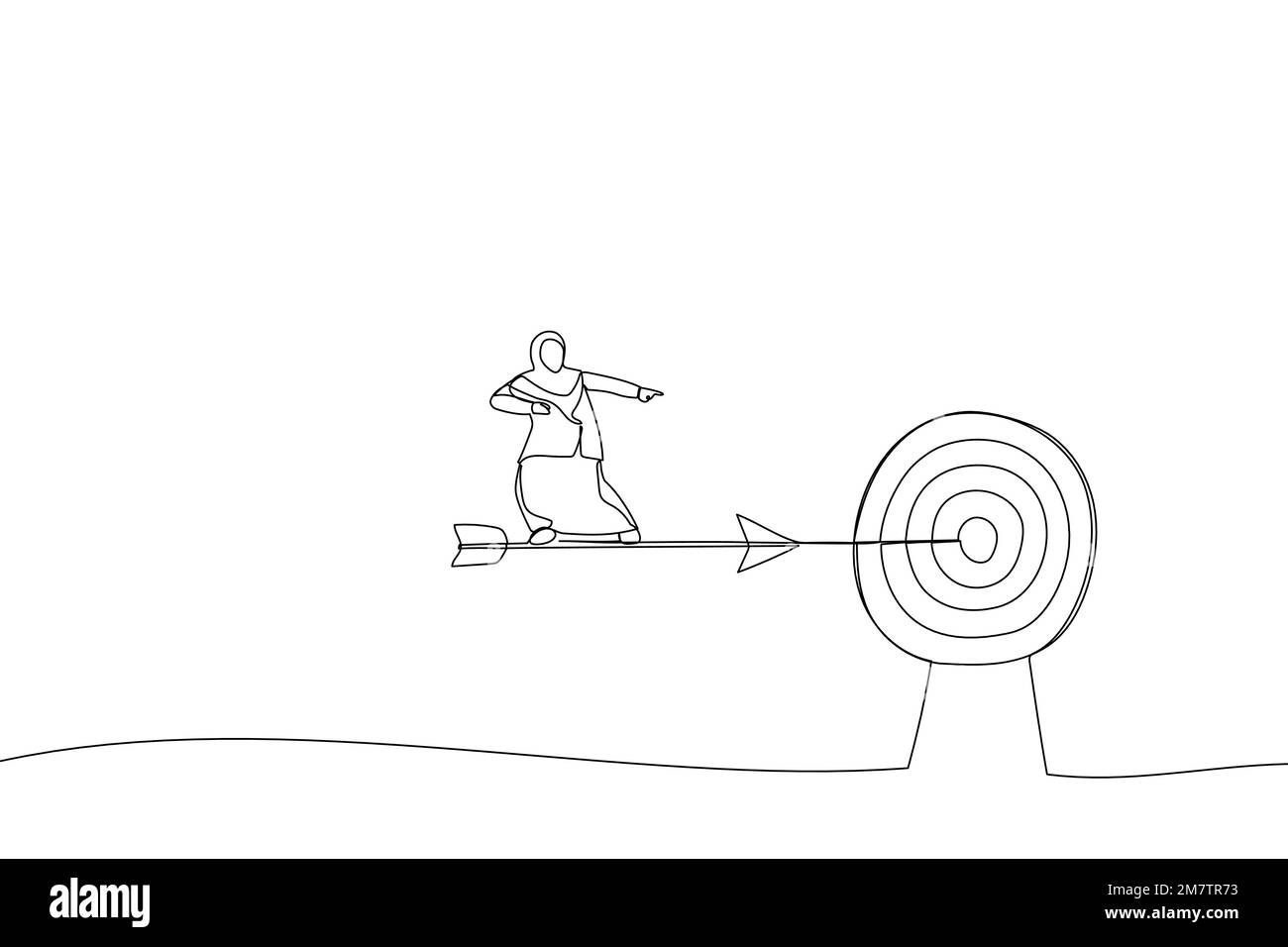 Cartoon of muslim businesswoman riding on arrow. Continuous line art ... Cartoon of muslim businesswoman riding on arrow. Continuous line art ...