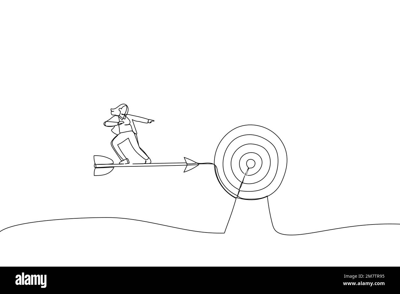 Cartoon of businesswoman riding on arrow. Continuous line art style ...