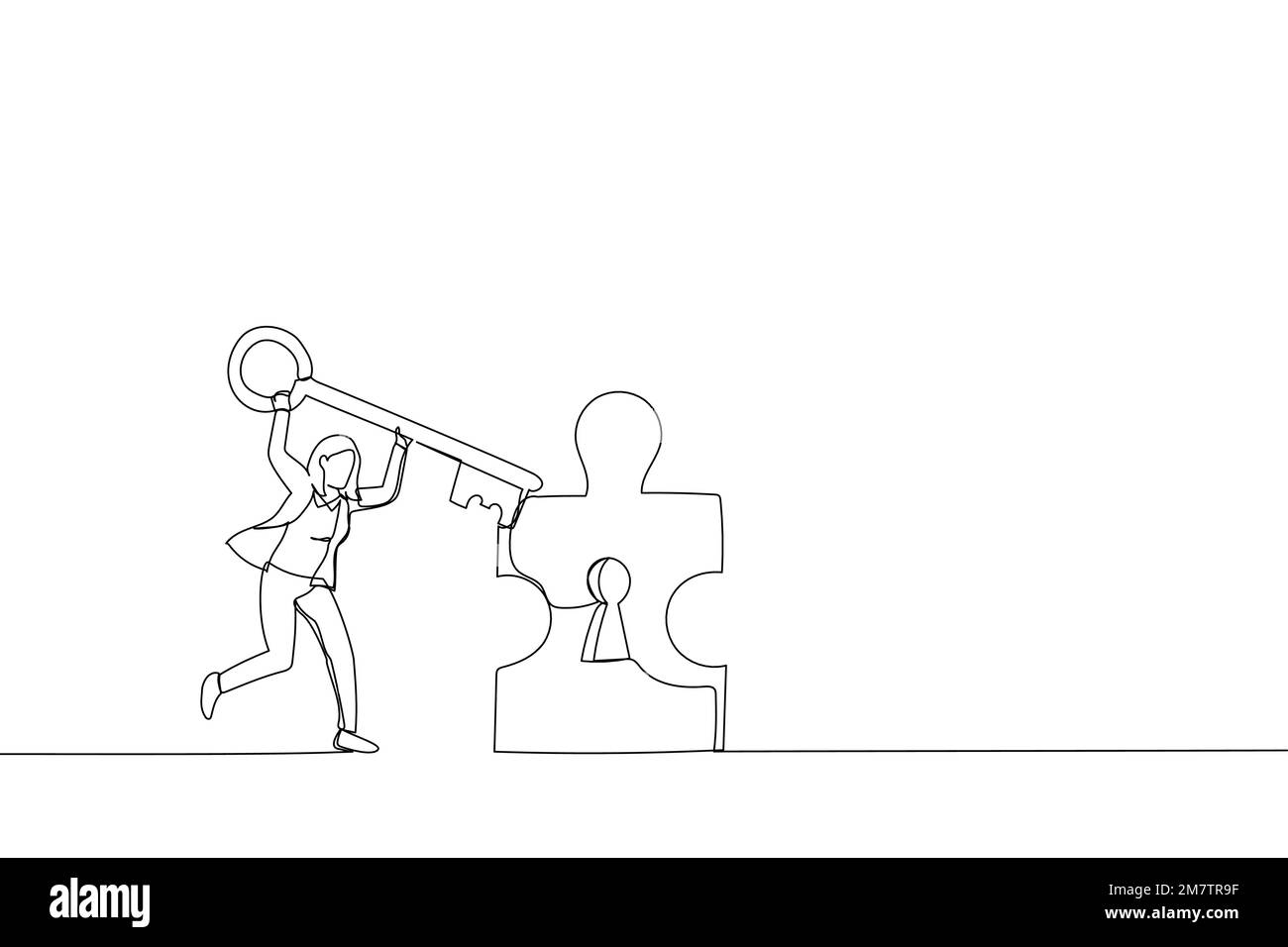 Cartoon of young businesswoman standing opening puzzle door with big ...
