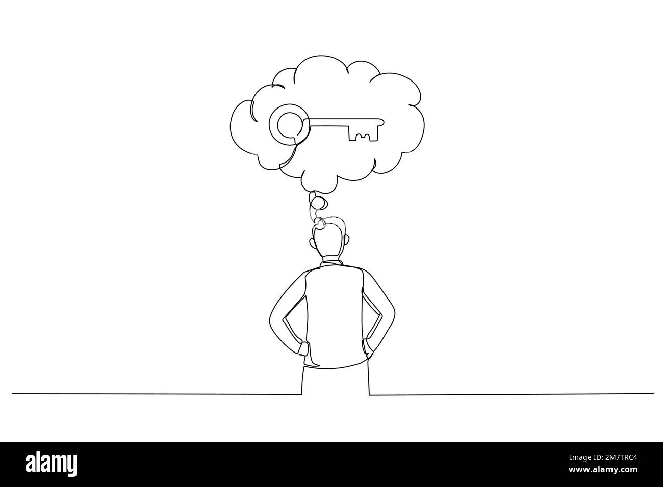 Drawing of businessman thinking about key to success. Single line art ...