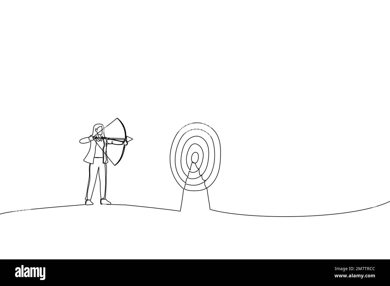 Drawing of successful businesswoman aiming target with bow and arrow ...