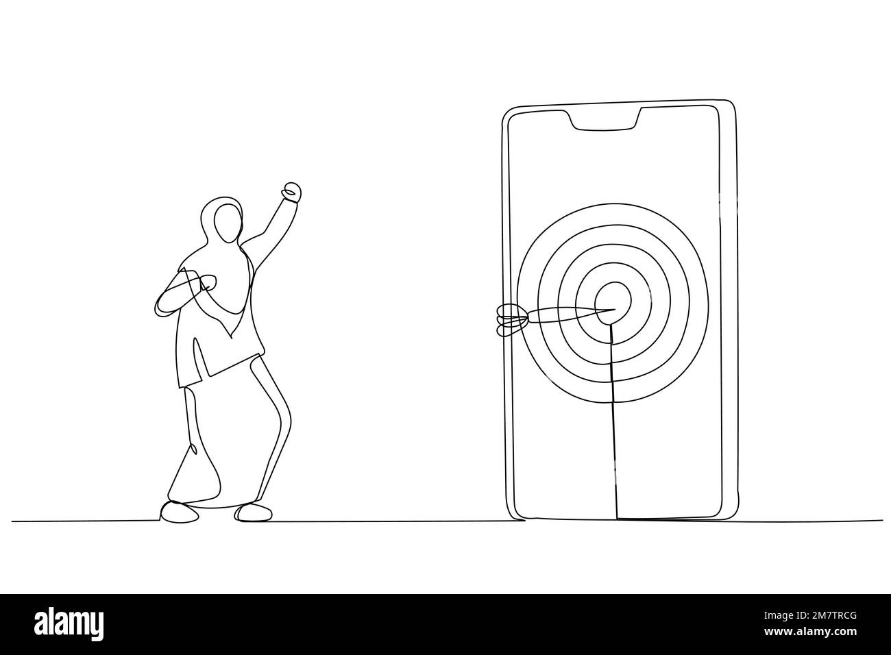 Illustration of businesswoman hit target on mobile with arrow ...