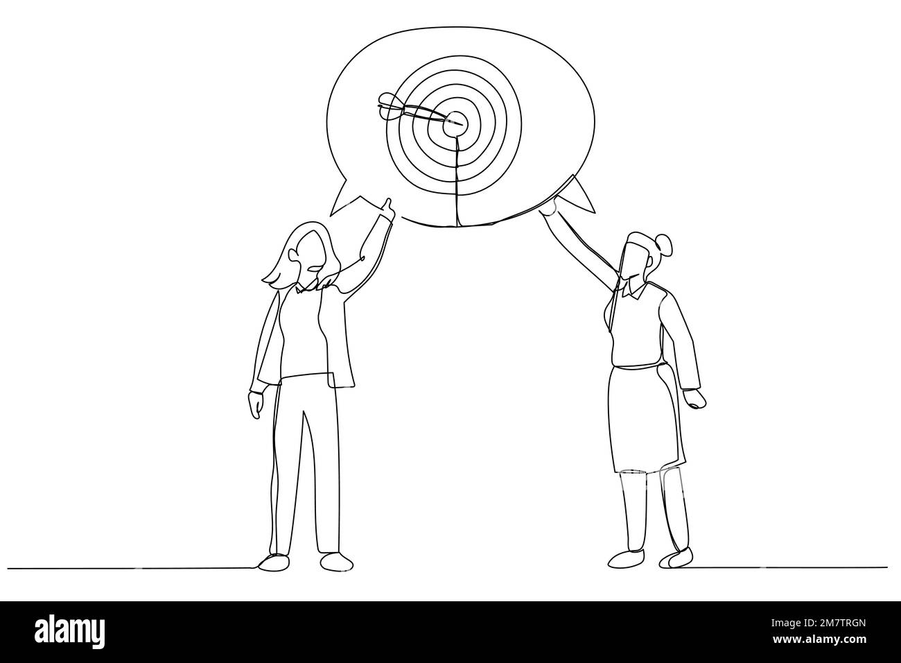 Cartoon of two businesswoman talking about target. One line art style ...