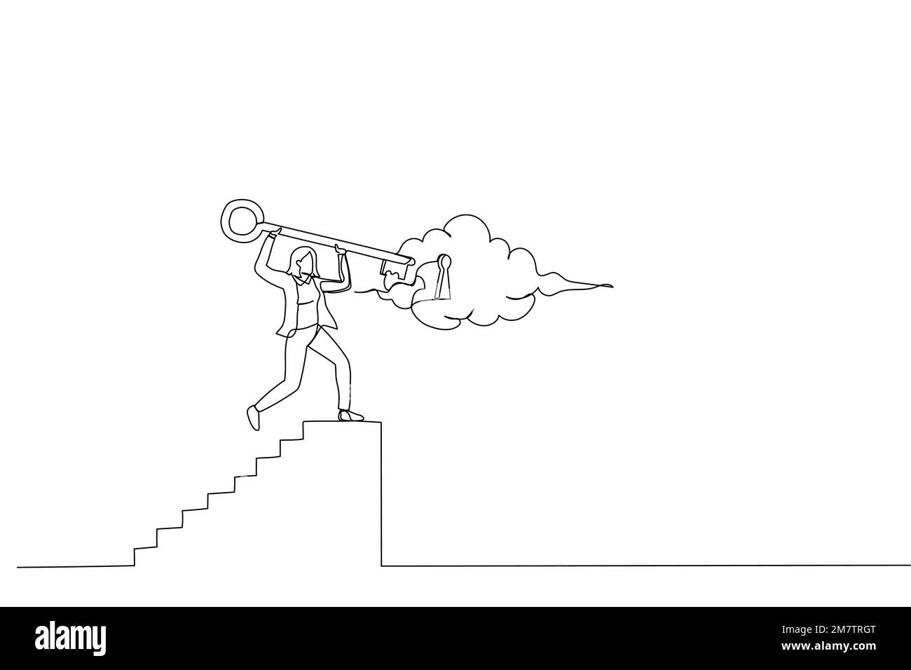 Drawing of businesswoman climb the stairs to put a key in its place as ...