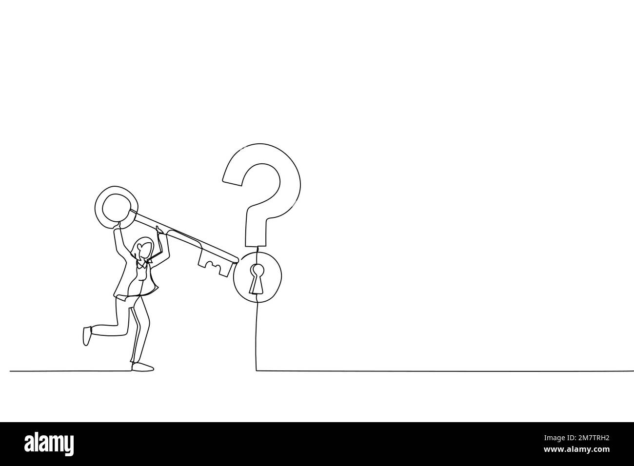 Cartoon of smart businesswoman holding big key to unlock keyhole on question mark sign. Metaphor ...
