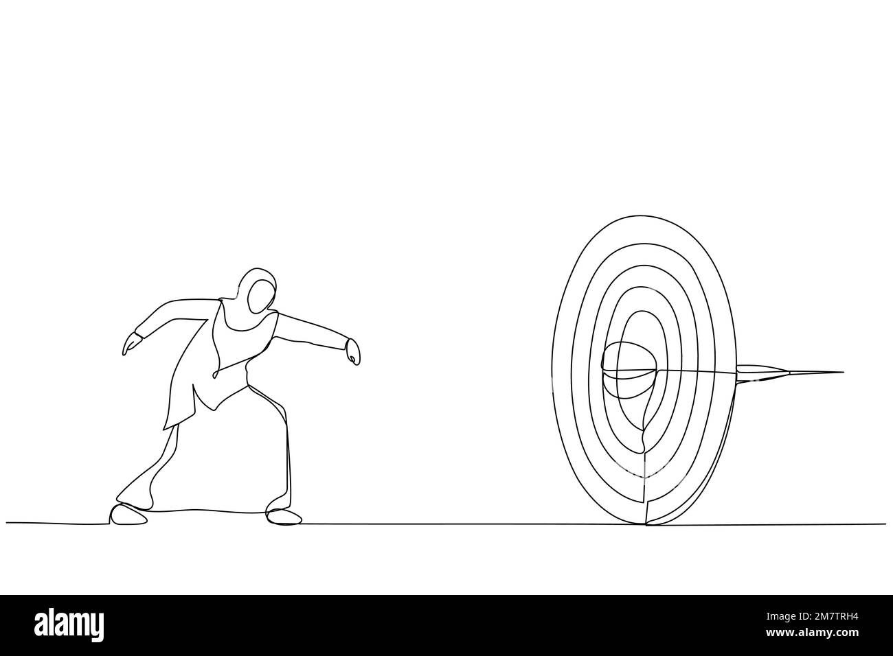 Drawing of businesswoman runs and throws a spear at a target. Metaphor ...