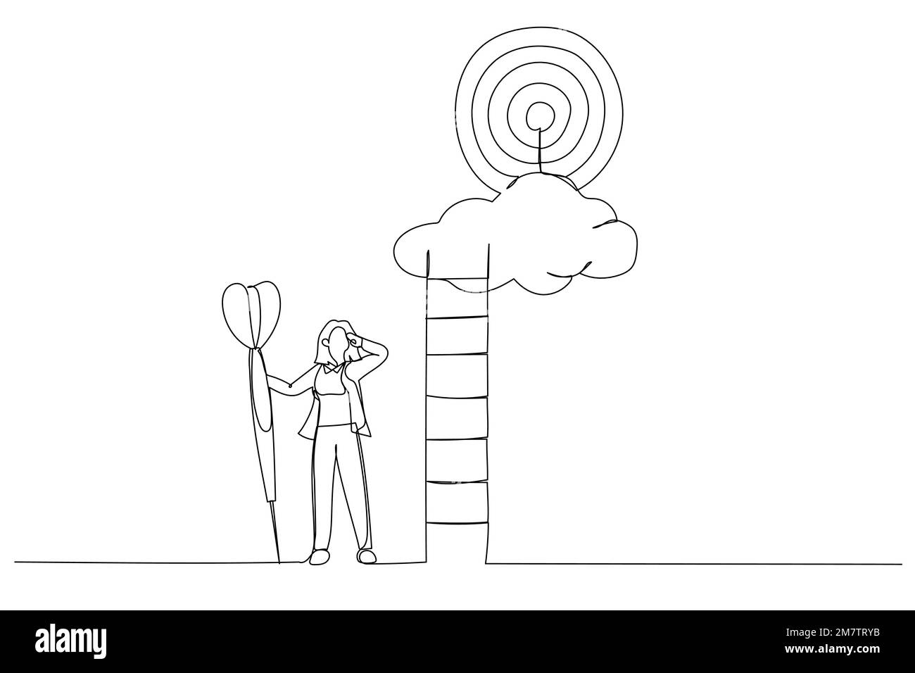 Cartoon of ambitious businesswoman hold dart aim high at target on the ...