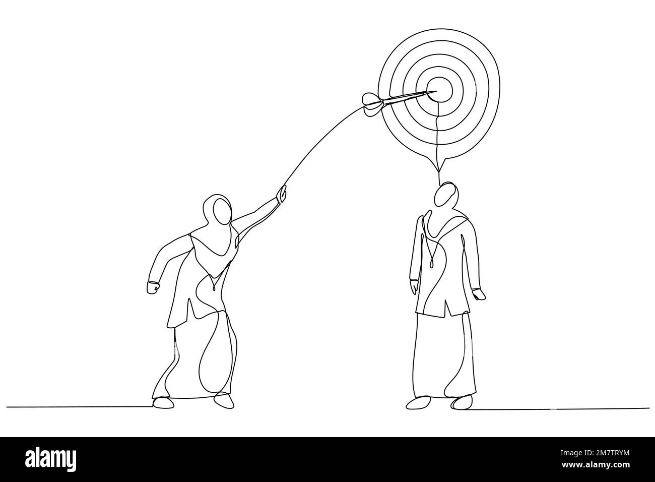 Drawing of businesswoman Throw a Dart Into Target On Customer Mind. One ...