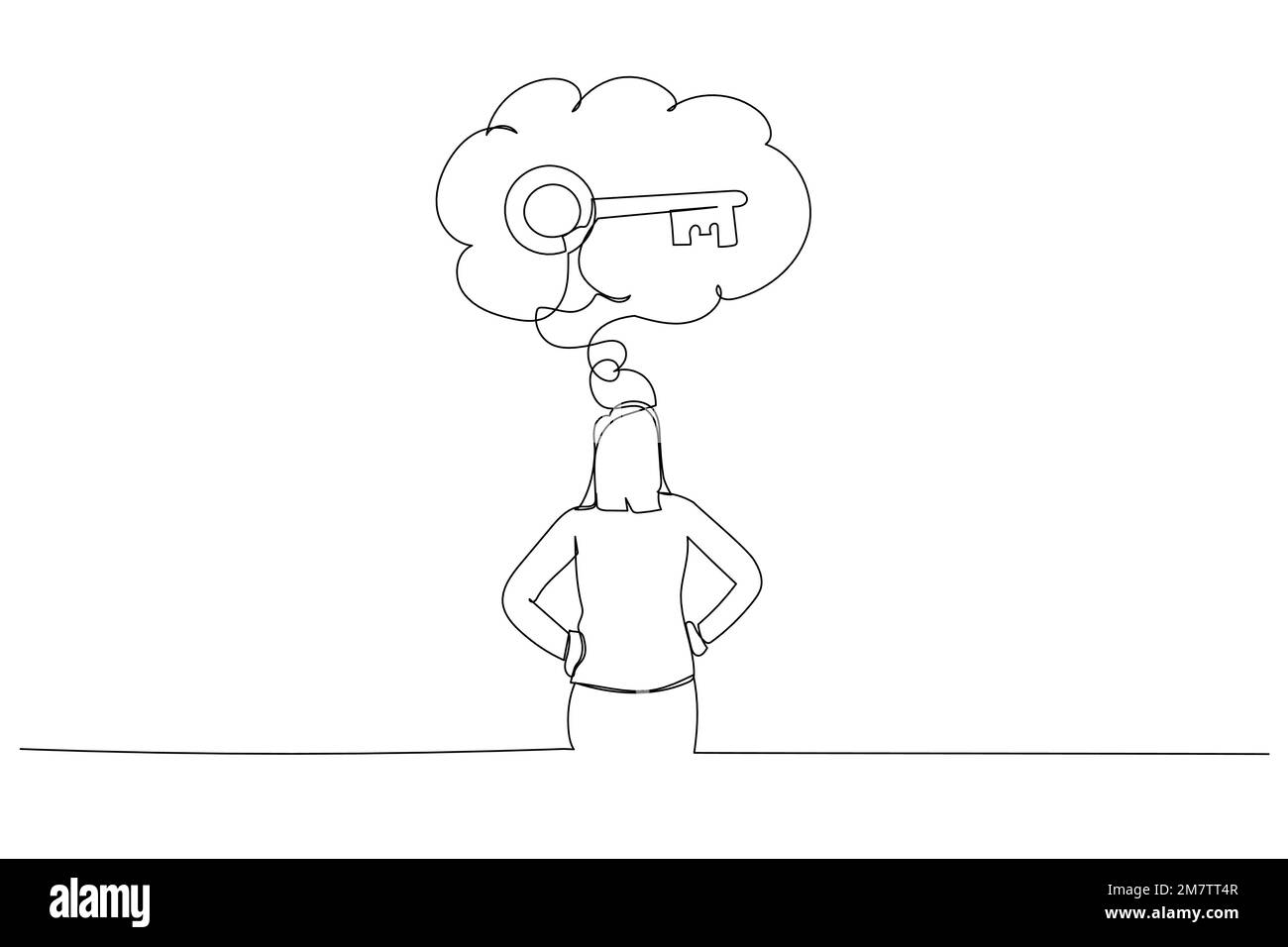 Drawing of businesswoman thinking about key to success. Single line art ...