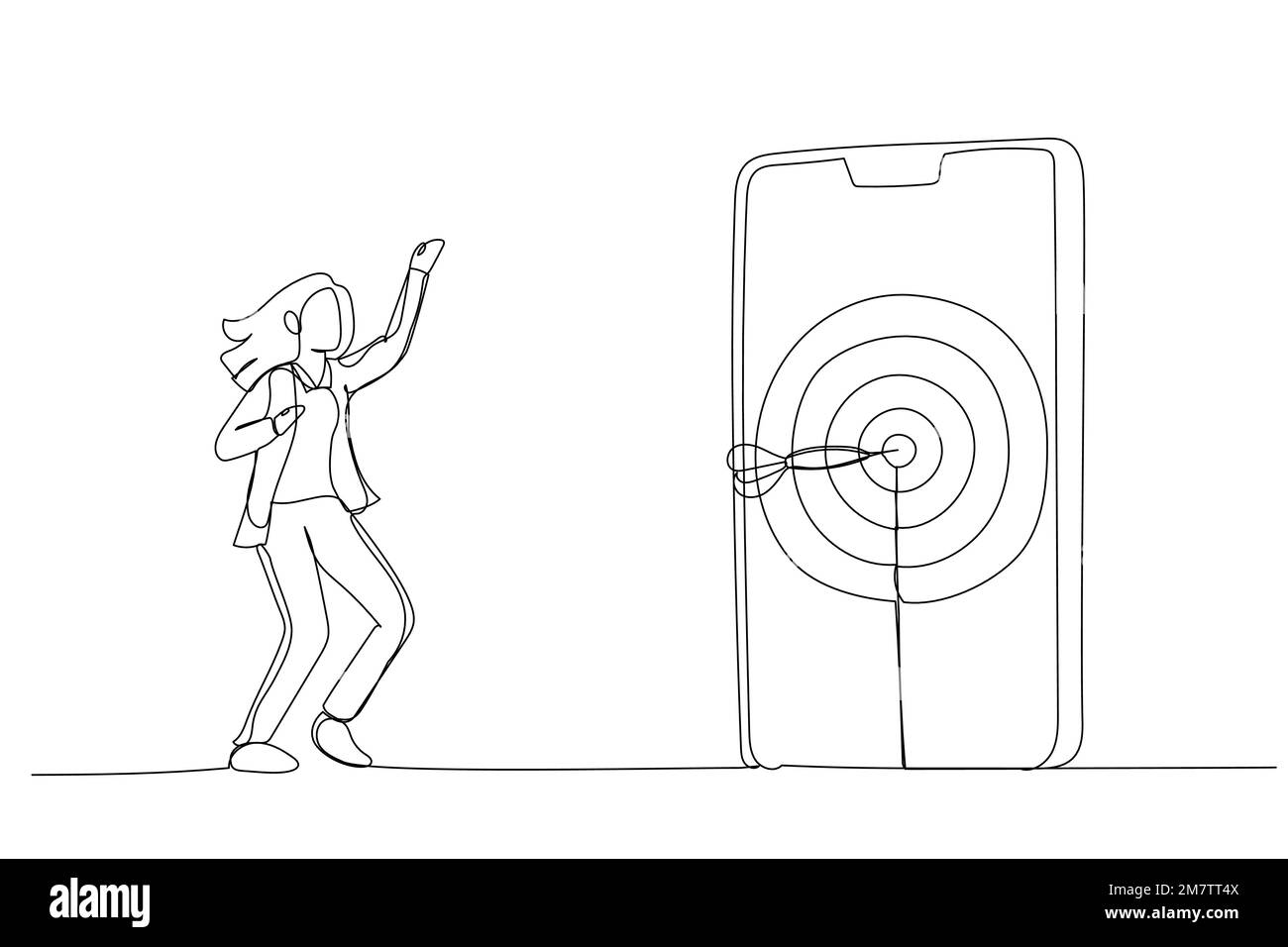 Illustration of businesswoman hit target on mobile with arrow. Single ...