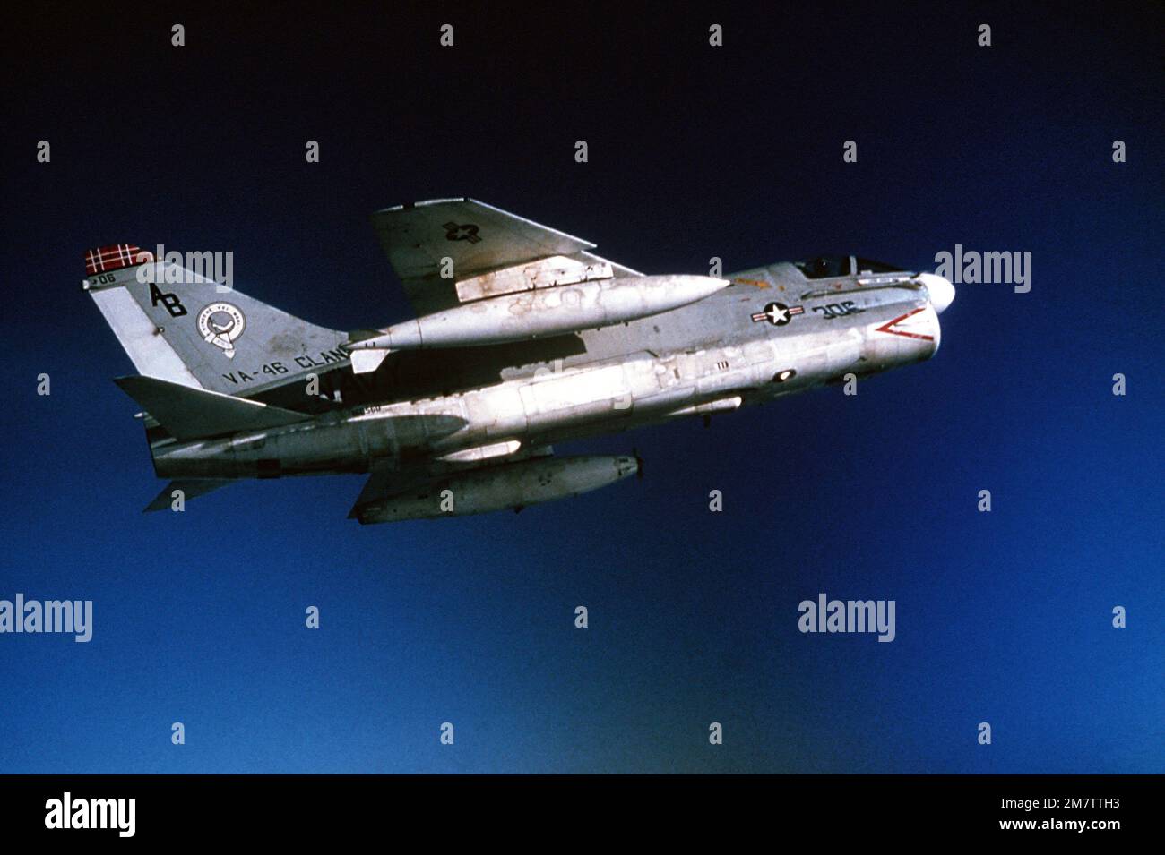 An air-to-air right side view of an A-7 Corsair aircraft assigned to ...
