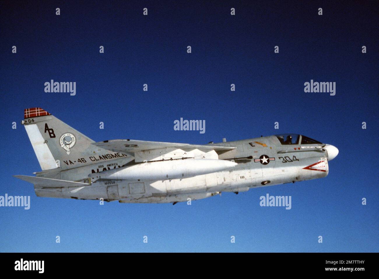 An air-to-air right side view of an A-7 Corsair aircraft assigned to ...