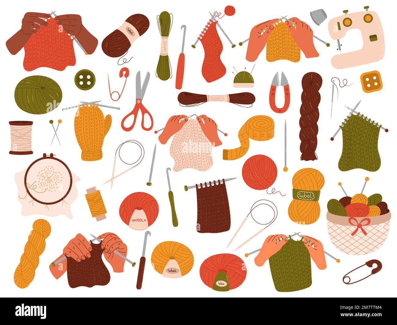 Hand drawn vector set of knitting tools. Wool yarns, hook, knitting ...