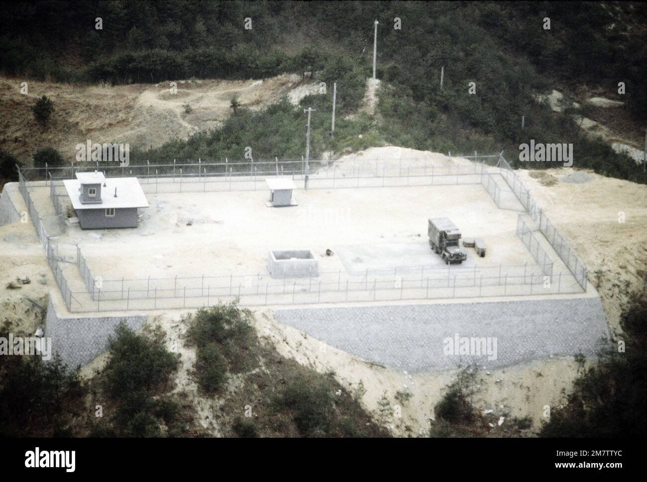 Aerial view of a surface-to-air missile threat simulator, radar site ...