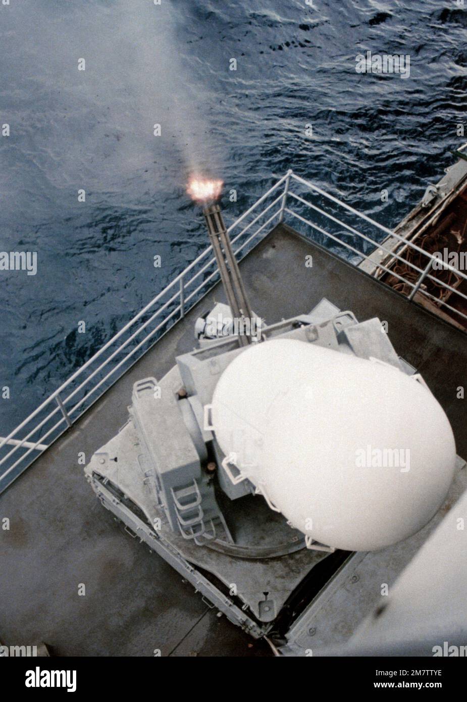 A vertical view of one of three Mark 15 Phalanx 20mm close-in weapons ...