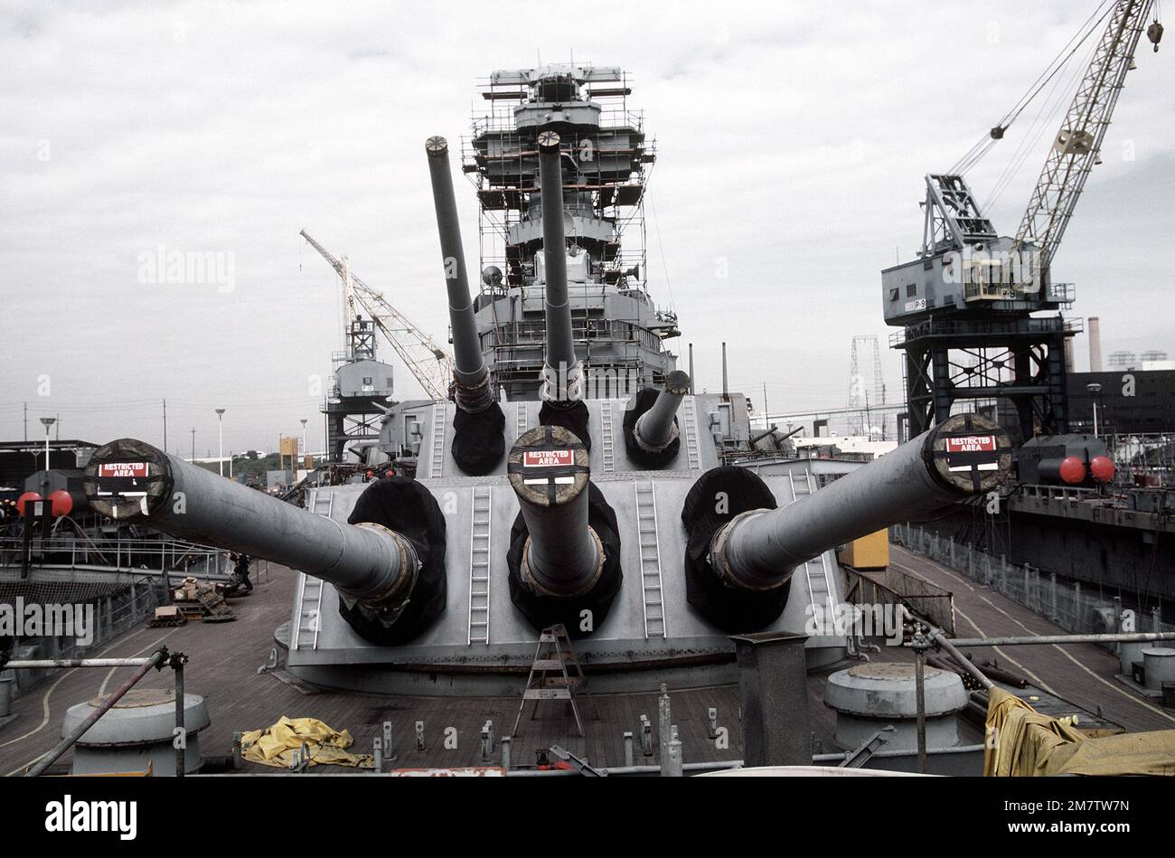 A view of the Mark 7 16-inch/50-cal. gun turret on the forward deck of ...