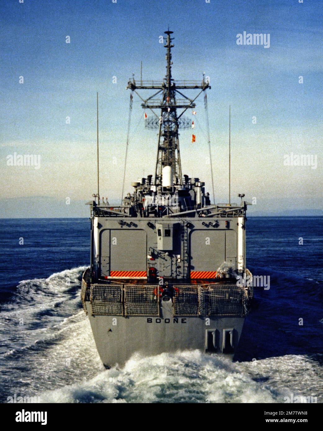 A stern view of the guided missile frigate BOONE (FFG-28) as Todd ...