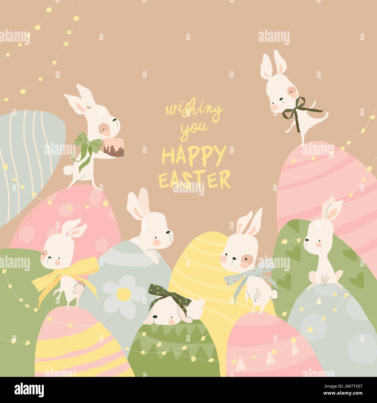 Happy Easter Greeting Card with Cute White Bunnies and Eggs Stock ...