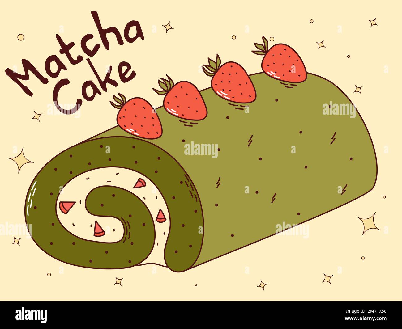 Traditional Japanese food. Asian Matcha cake roll with strawberry ...