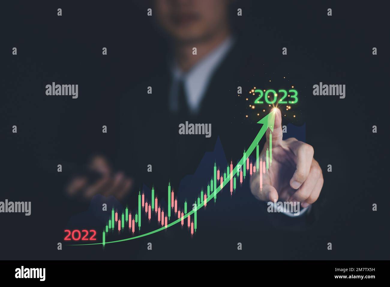 Business growing from 2022 to 2023 year. Businessman hand touch virtual increasing technical ...