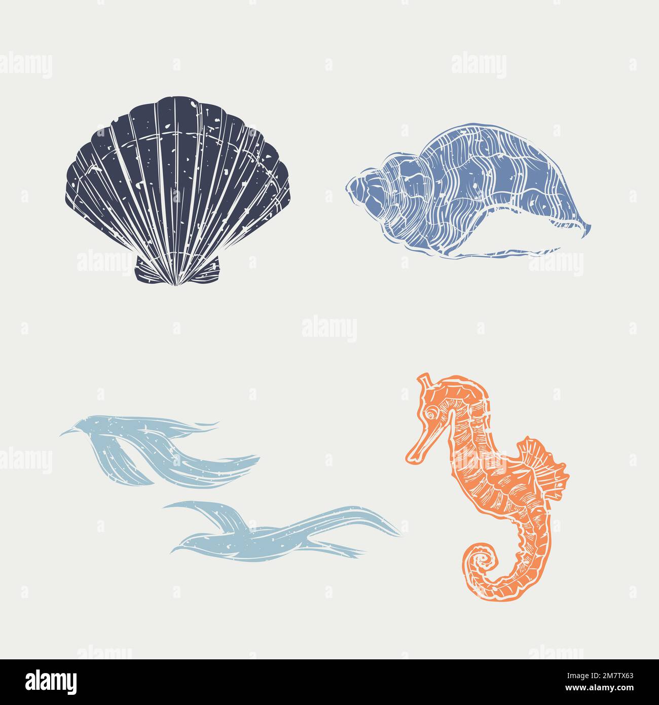 Cute linocut vector underwater animals and birds set Stock Vector Image ...