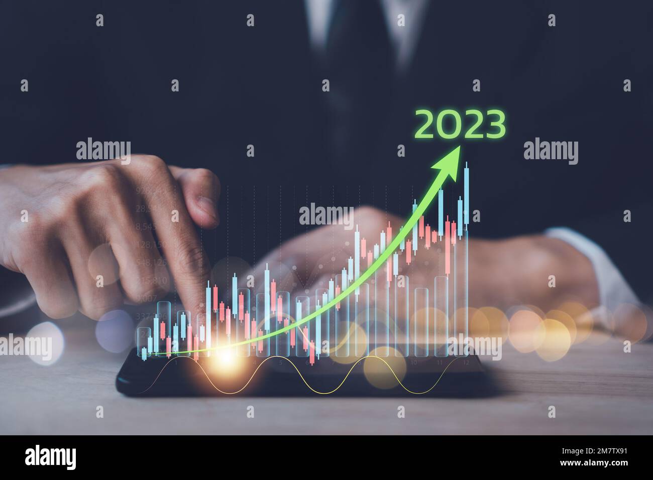 Business growing in 2023. Businessman hand touch smartphone with virtual increasing technical ...