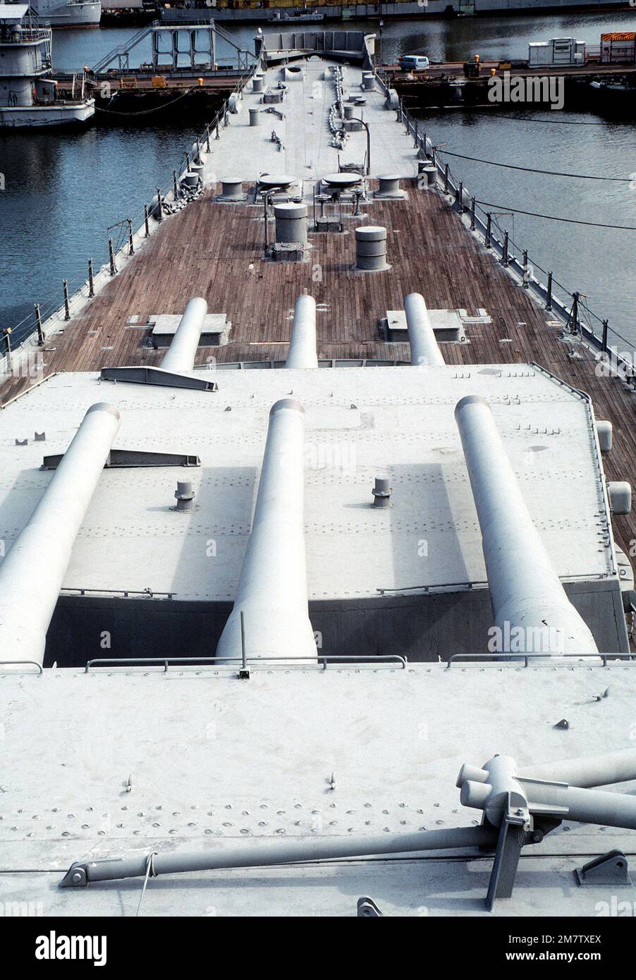 A view forward of number one and two 16-inch/50-caliber gun turrets ...