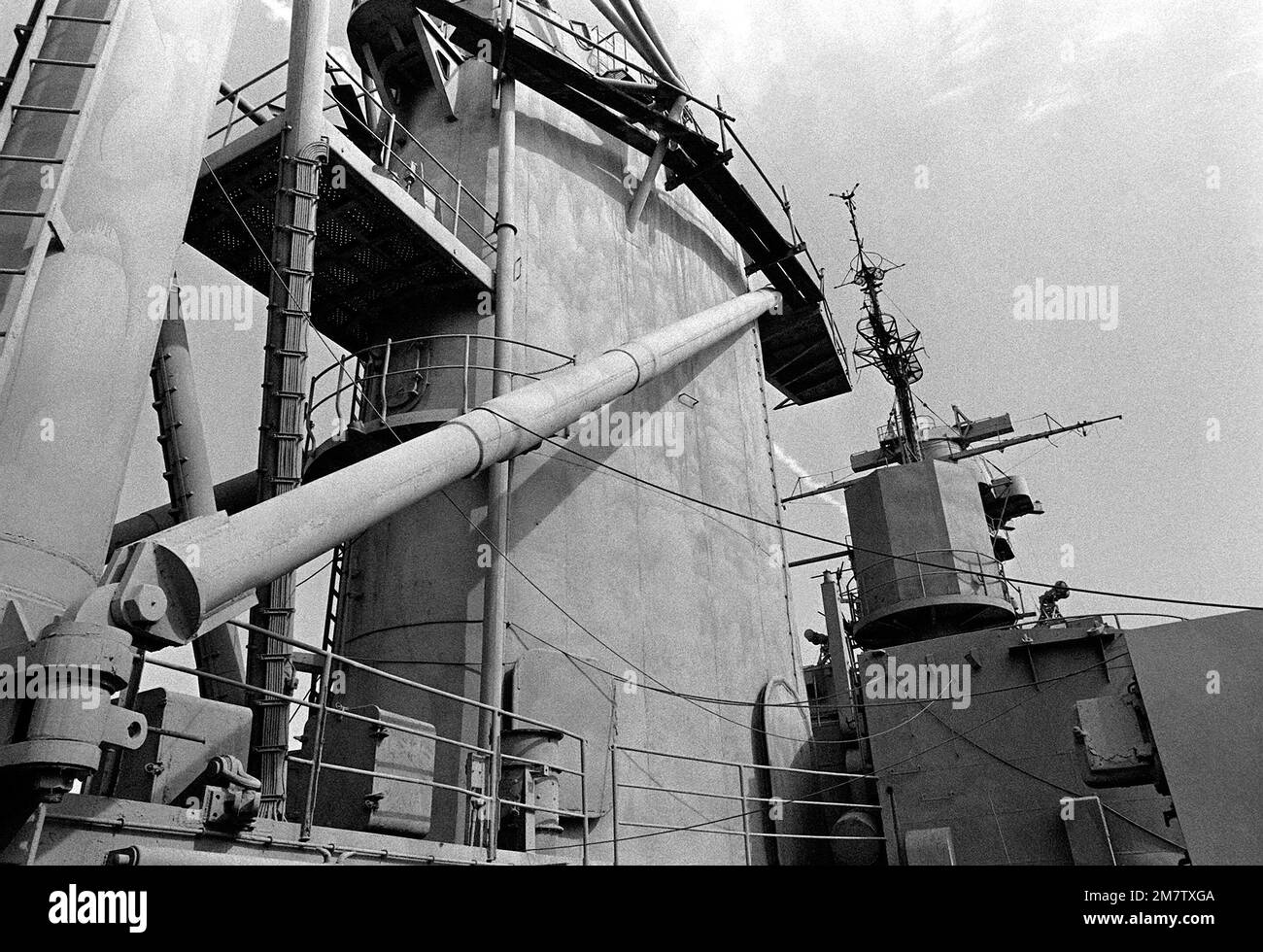 A view of the starboard side of the number two stack aboard the ...