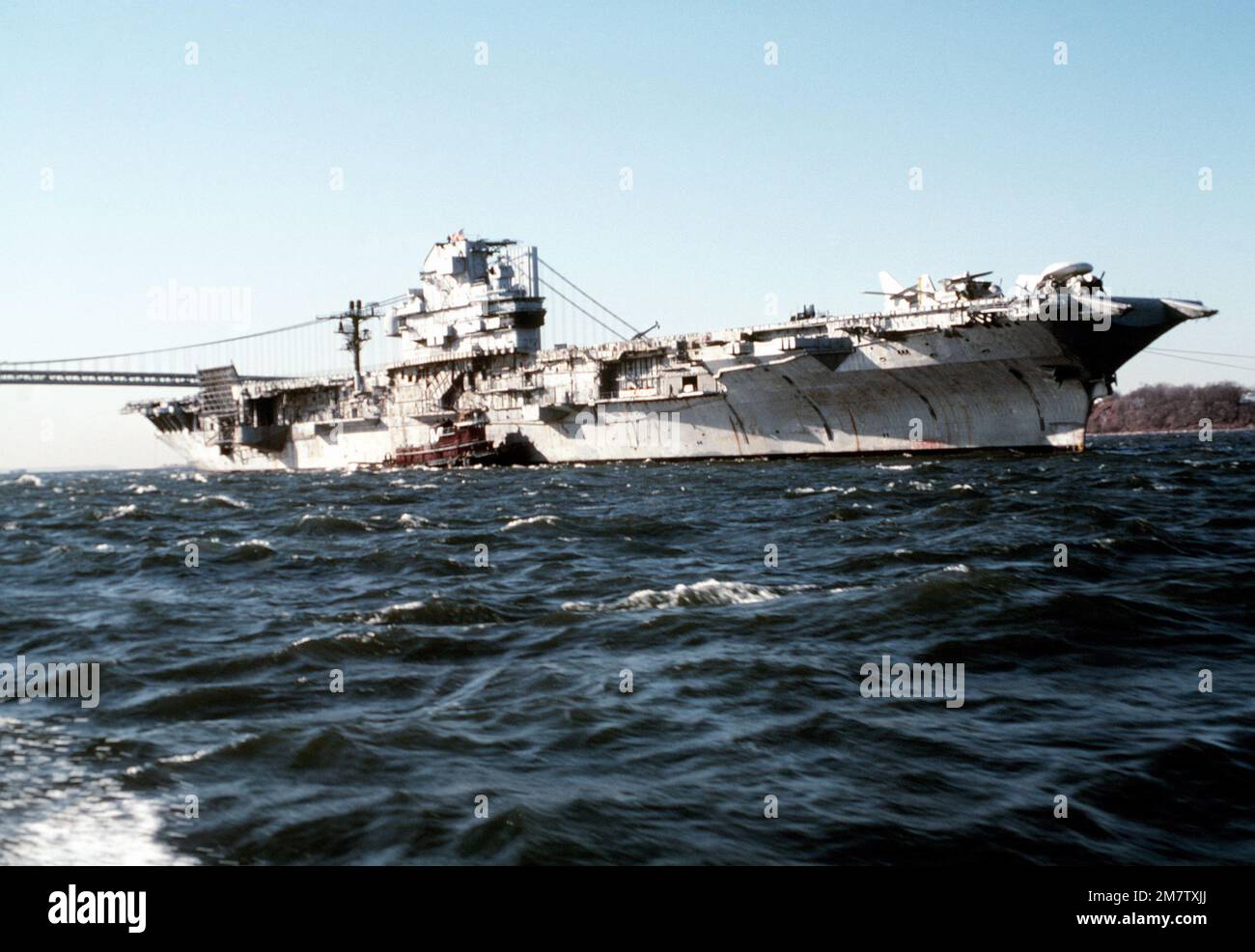 A starboard bow view of the anti-submarine warfare support aircraft carrier ex-USS INTREPID (CVS ...