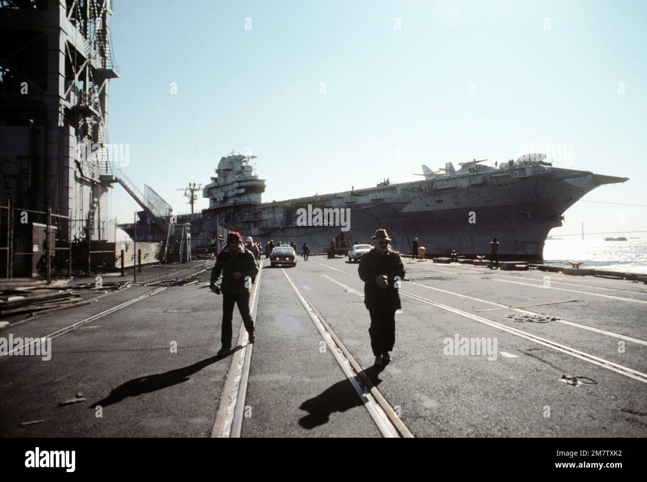 A starboard bow view of the docked anti-submarine warfare support aircraft carrier ex-USS ...