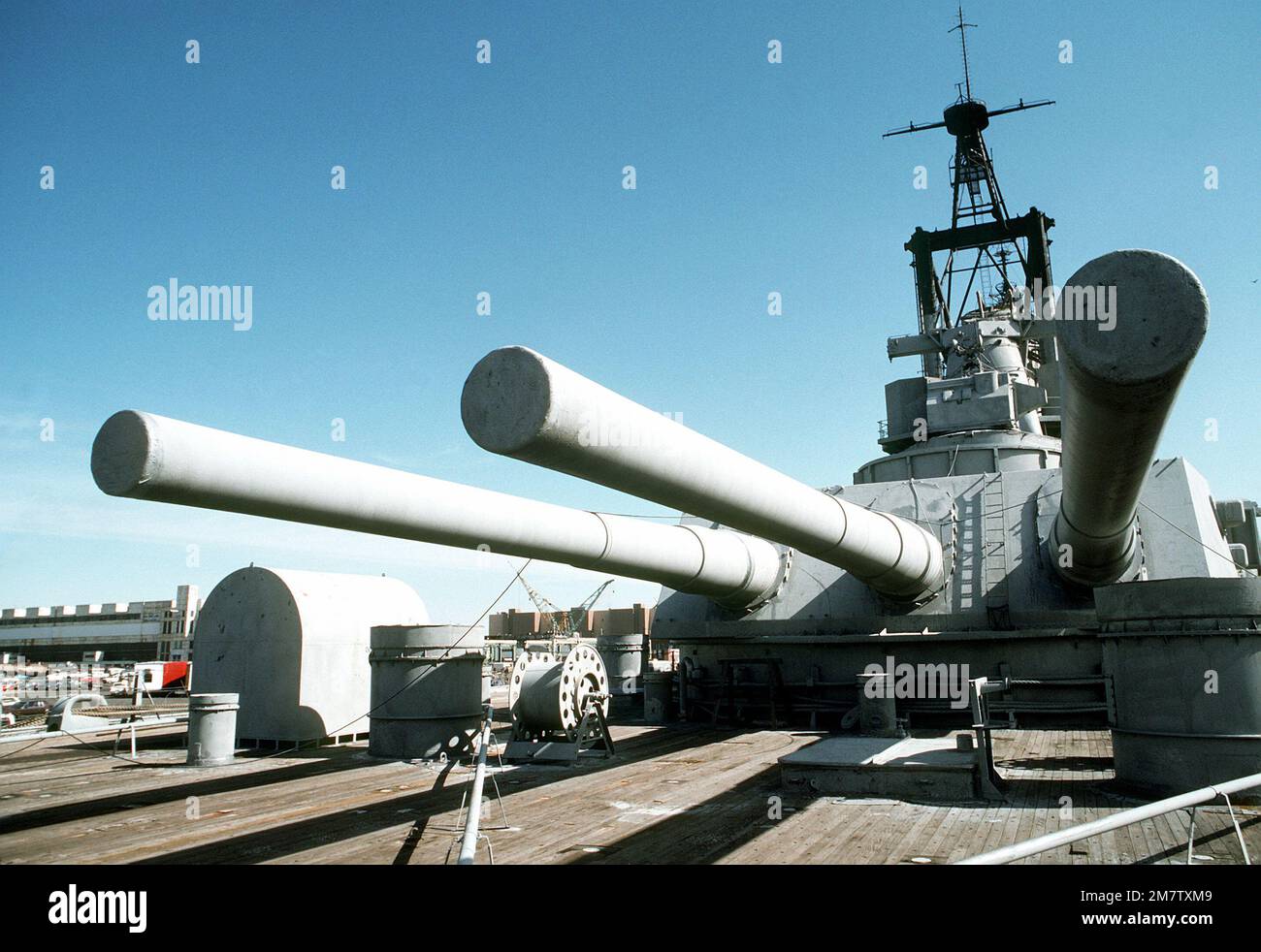 A view forward of the number three 16-inch/50-caliber gun turret aboard ...