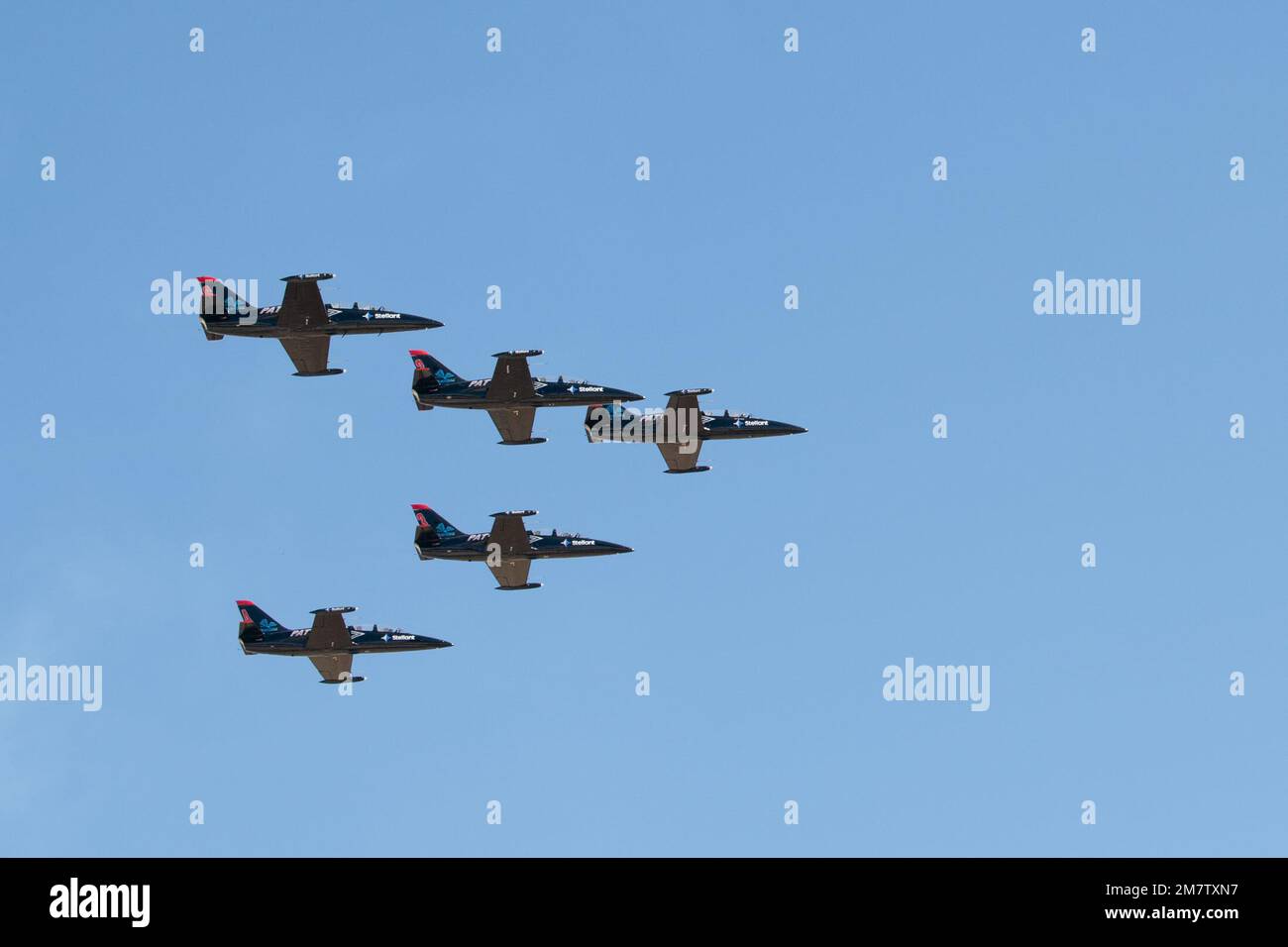 The Patriots Jet Team performs a fly by during an air show rehearsal at ...