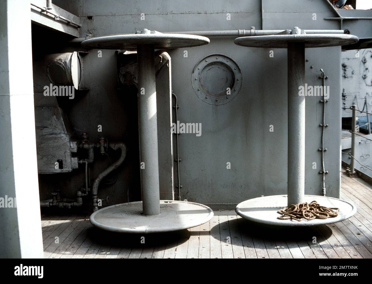 A view of cable reels aboard the battleship IOWA (BB-61). The ship is ...