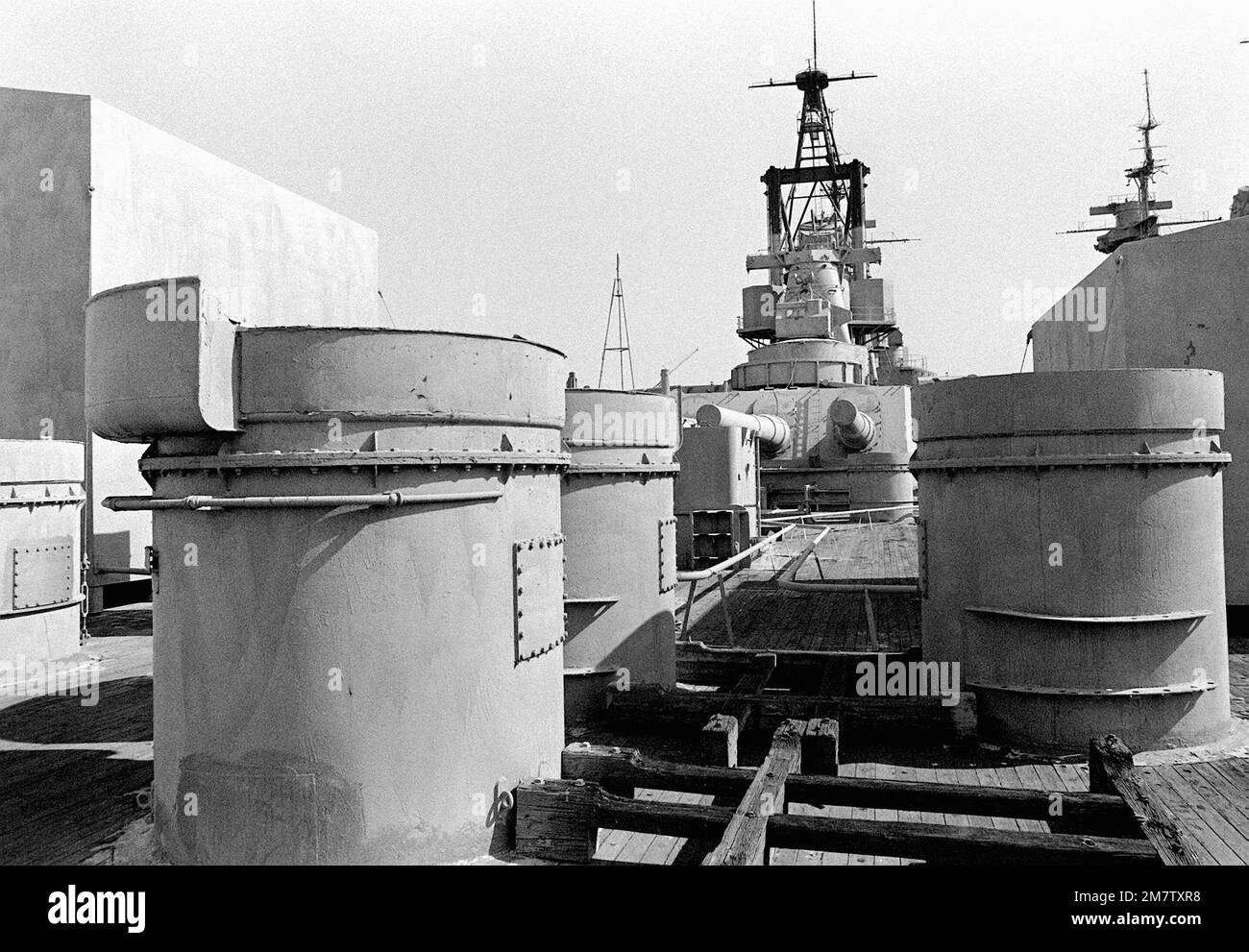 A view of 40mm gun directors stored on the deck of the IOWA (BB-61 ...