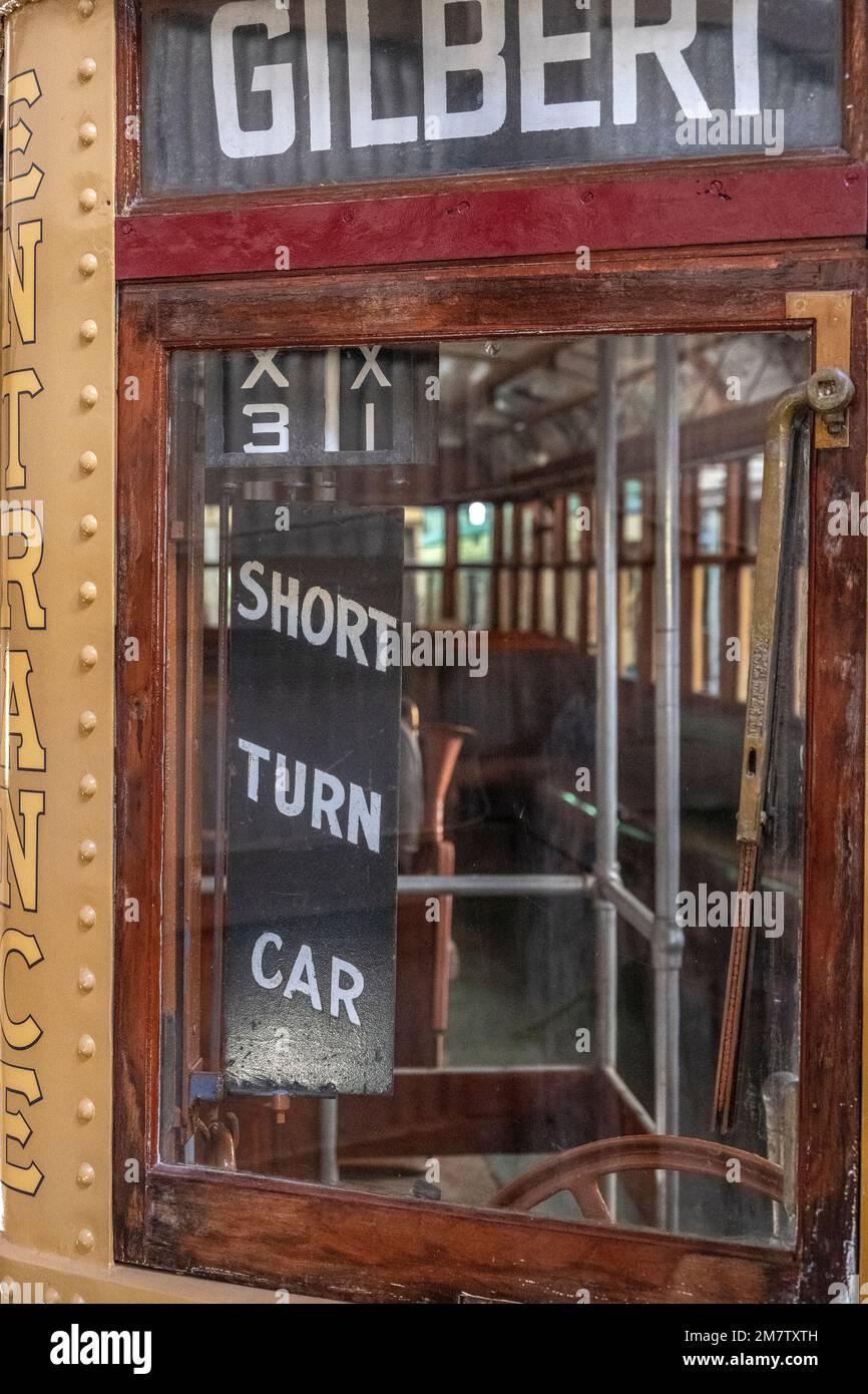 front window of a trolley car stating it is a short turn car Stock ...
