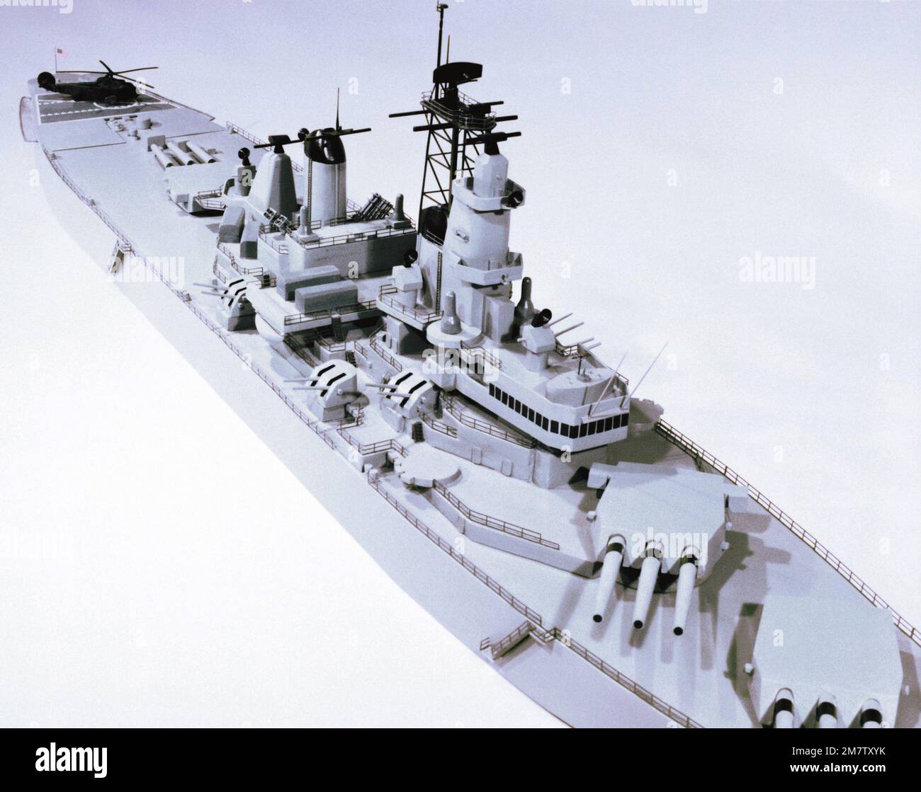A starboard bow view of a model of the battleship USS New Jersey (BB-62 ...