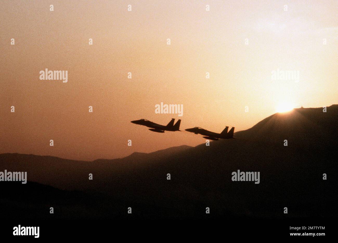 Left side view of two F-15 Eagle aircraft taking off simultaneously ...