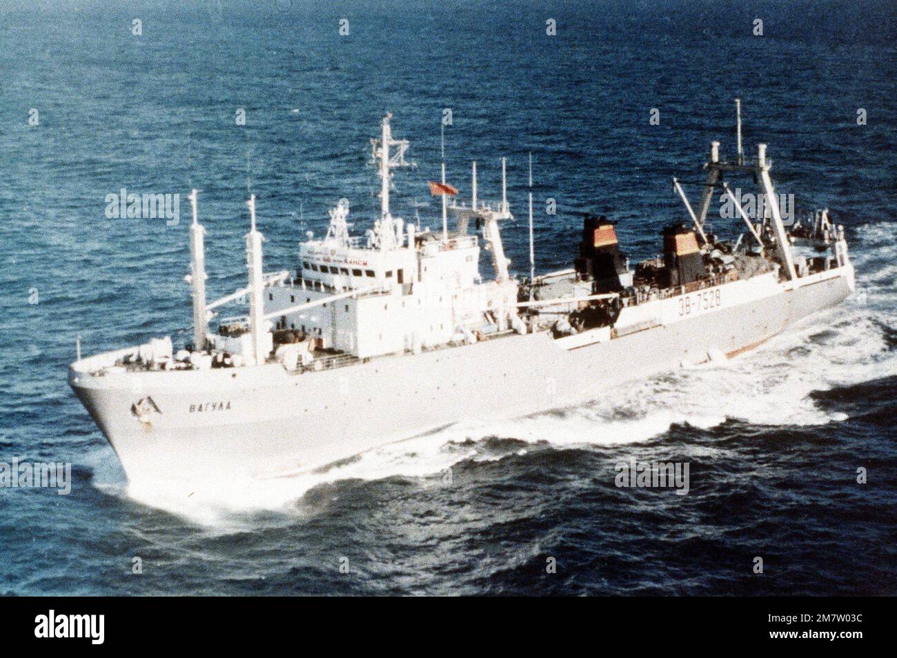 A port bow view of a Soviet factory-trawler fishing vessel underway ...