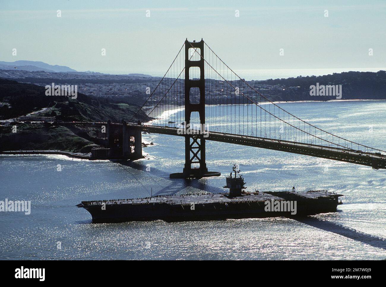 An aerial port beam view of the nuclear-powered aircraft carrier USS ...