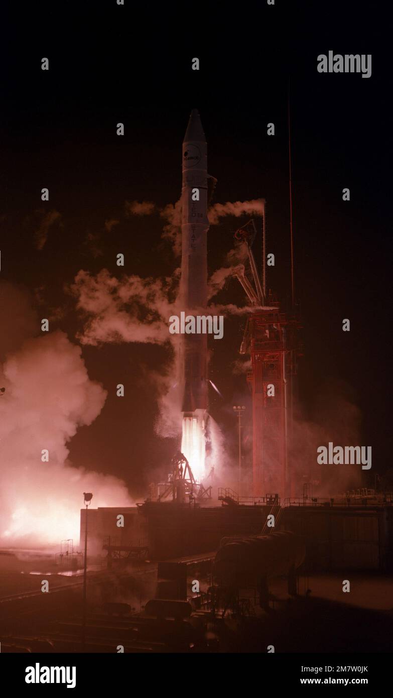 An Intelsat V spacecraft is launched aboard an Atlas Centaur-56 launch ...